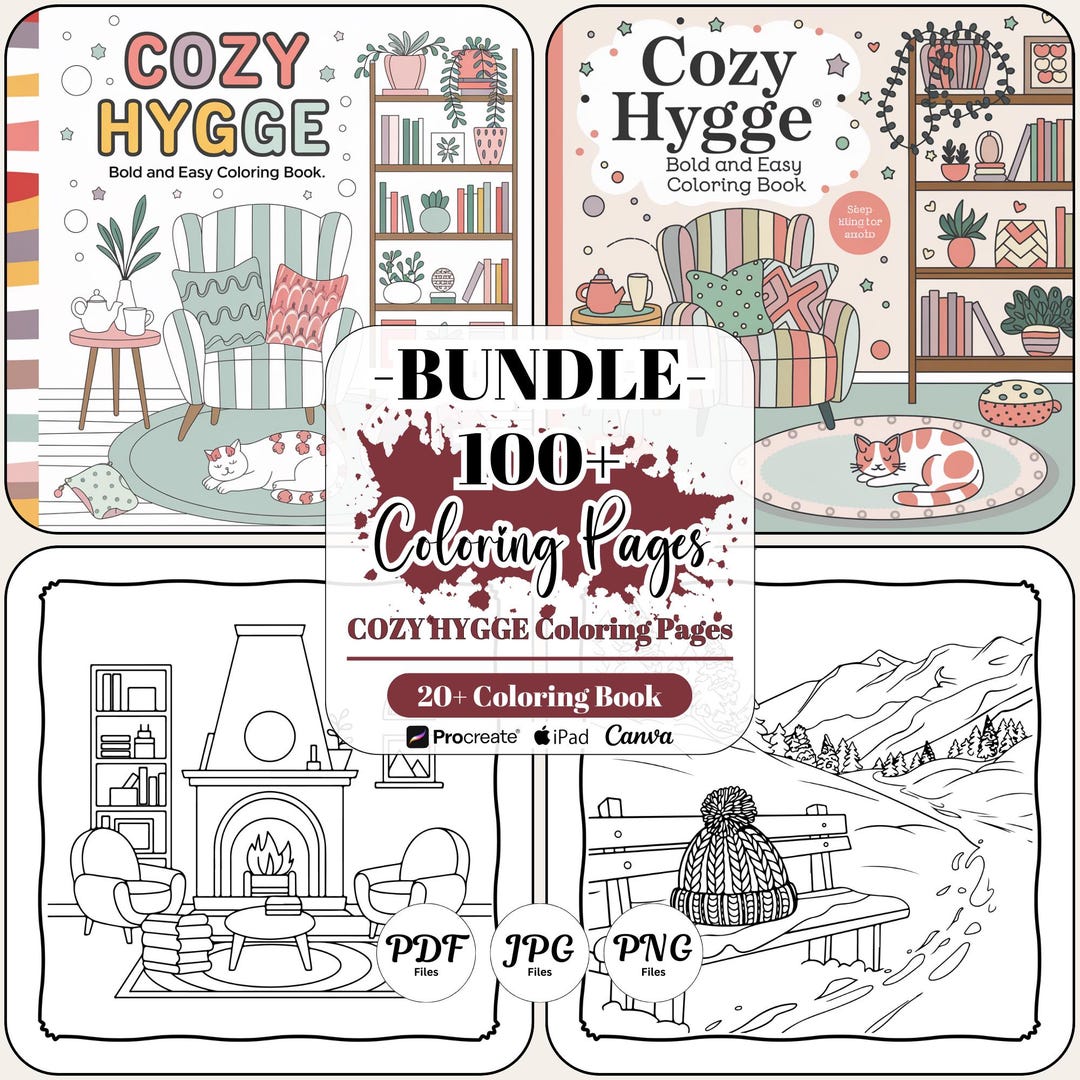 100 Cozy Hygge Coloring Pages BUNDLE, Coloring Book Bundle, Kids ...