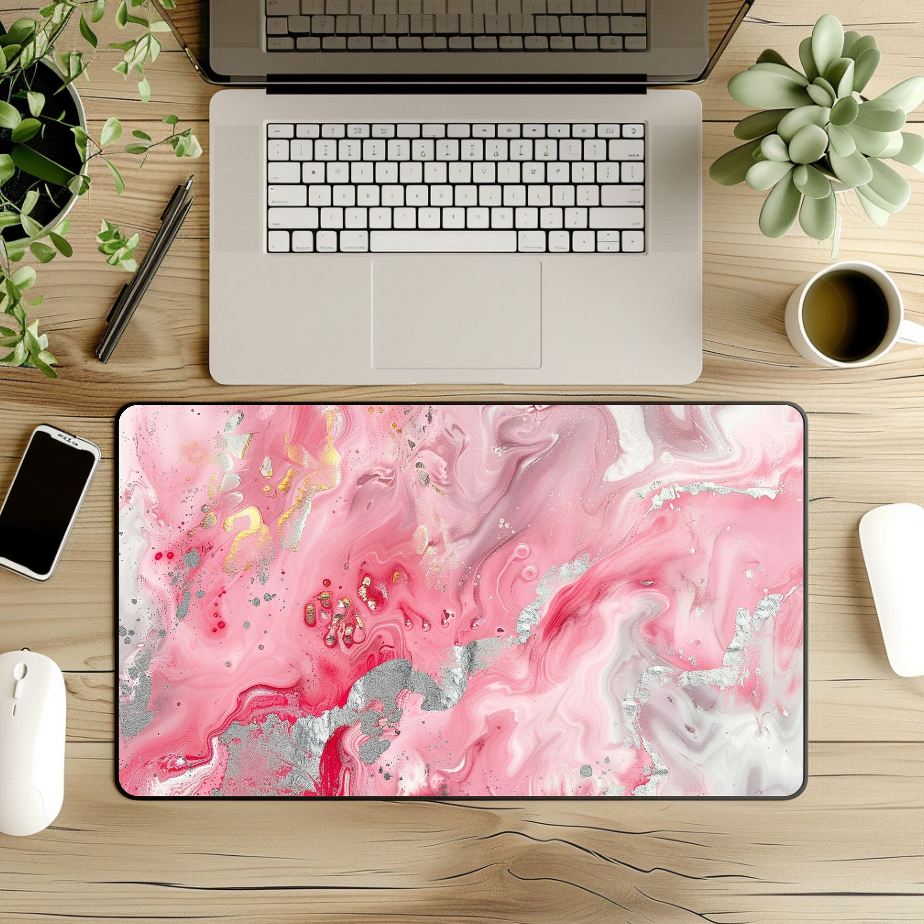 Aesthetic Desk Mat Cute Marble Pastel Pink and Silver Desk Mat Blue ...