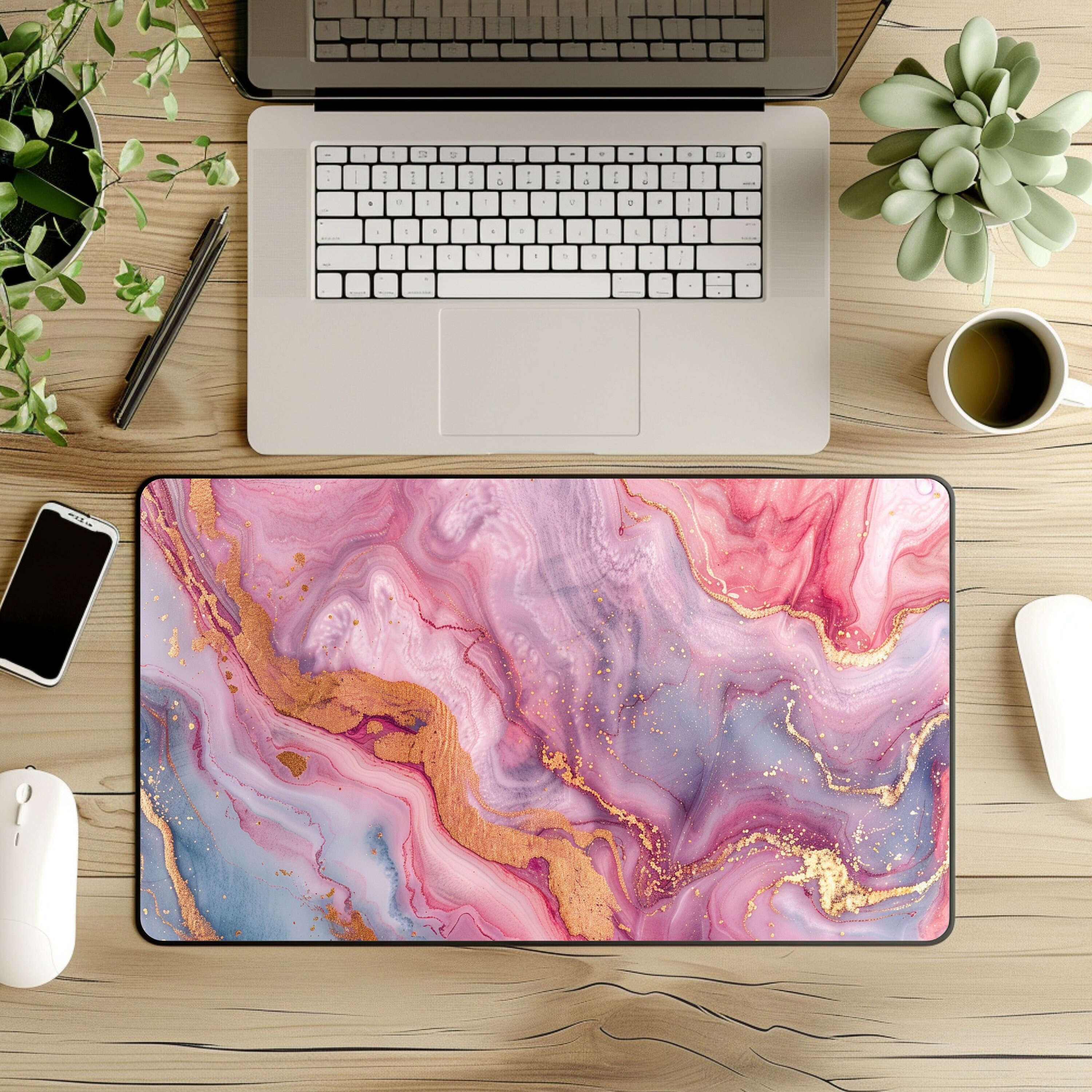 Aesthetic Desk Mat Cute Marble Pastel Pink and Silver Desk Mat Blue ...