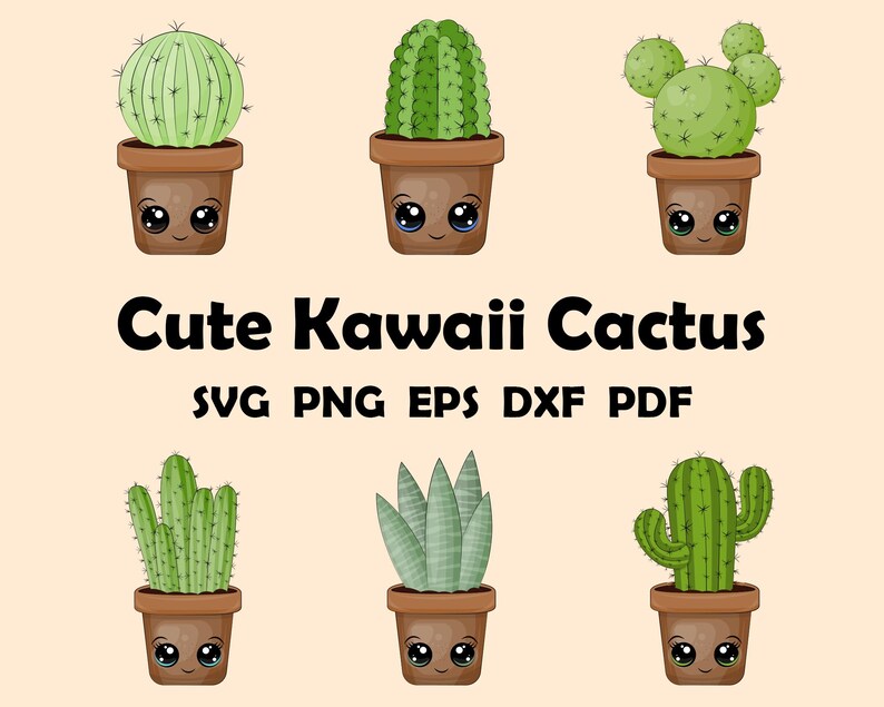 Cute Cactus SVG Clipart, Cacti PNG Bundle, Kawaii Cactus, Cricut Cut ...