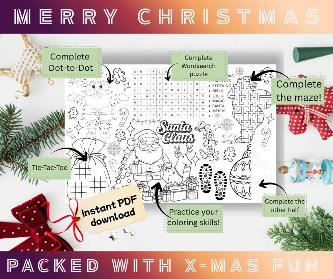 Christmas Activity Placemat – Holiday Maze, Word Search, Coloring Page ...