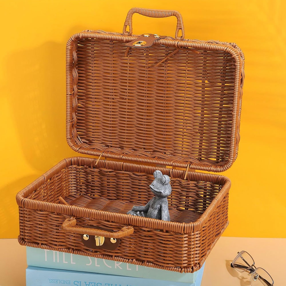 Retro Square Rattan Suitcase, Rattan Storage Box With Leather Buckle ...