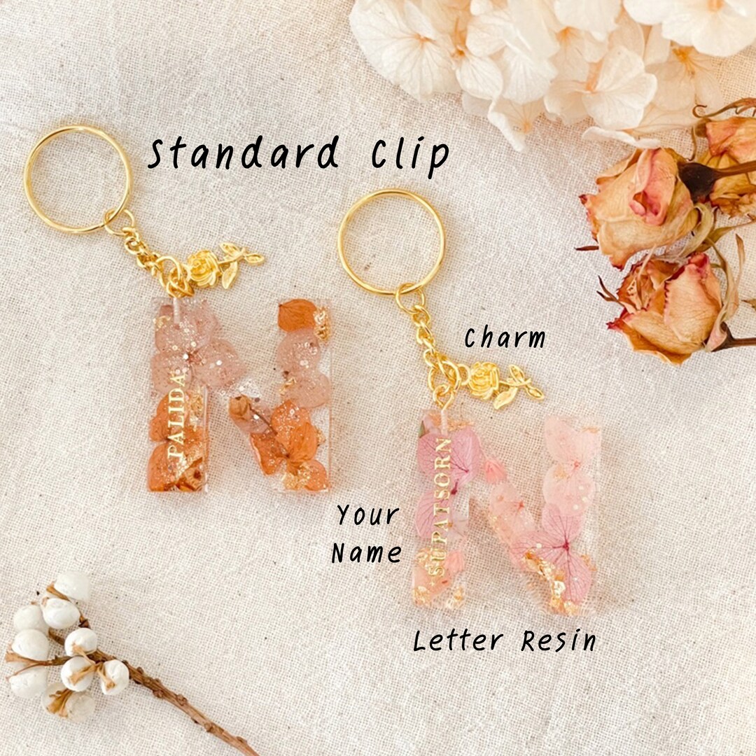 Custom Resin Flower Keyrings With Charm, Personalised Letter Keychain ...
