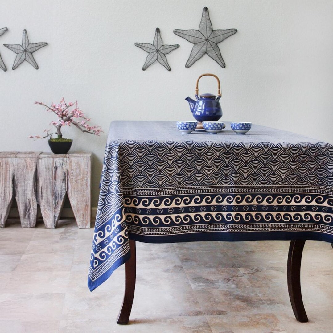 Tablecloth Rectangle, Nautical Tablecloth, Batik Blue Tablecloth, Block ...