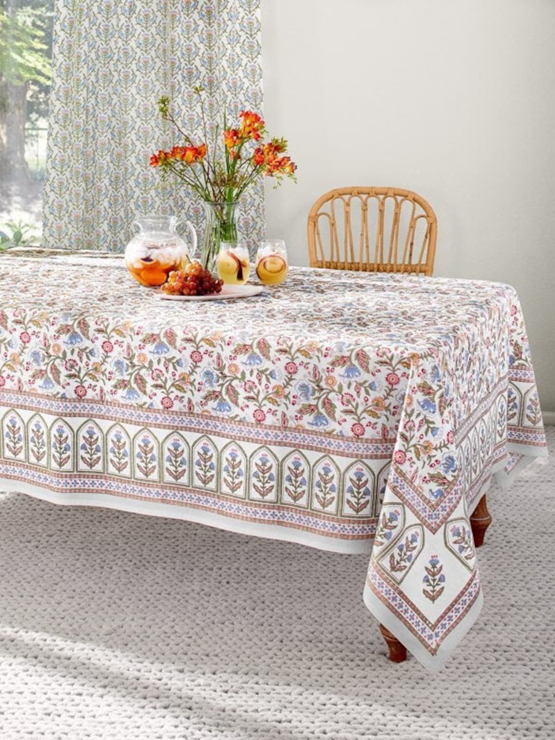 Outdoor Rectangle Tablecloth, Floral Block Printed Cover, Moroccan ...