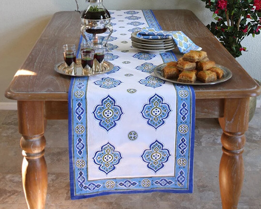 Moroccan Themed Table Runner, White and Blue Table Runner, Indian Hand ...