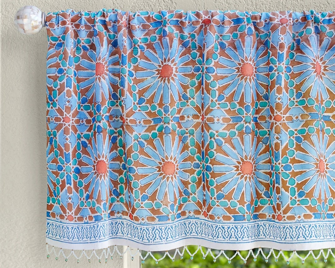 Mosaique Blue ~ Short Moroccan Curtain, Marrakesh Drape, Brown Turkish Drapery, Blue Moroccan ...