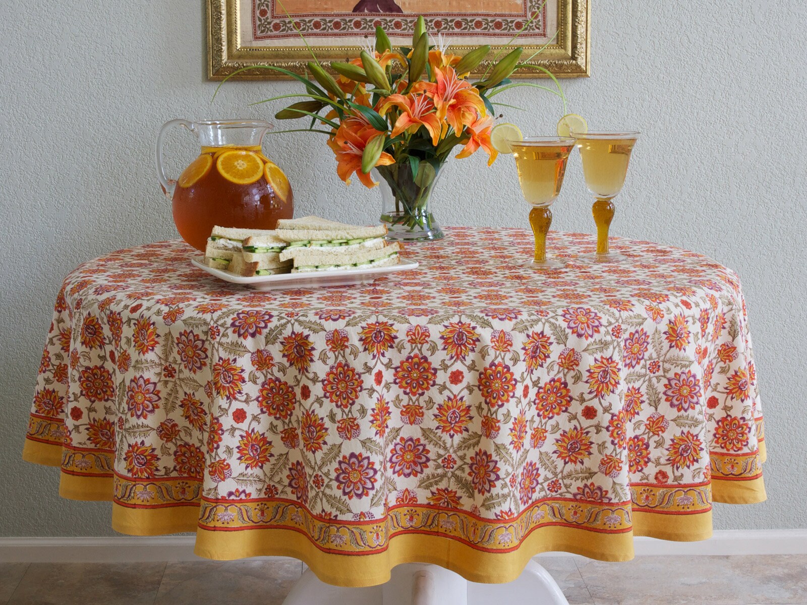 Orange Blossom Round Tablecloth Block Print Tablecloth | Etsy