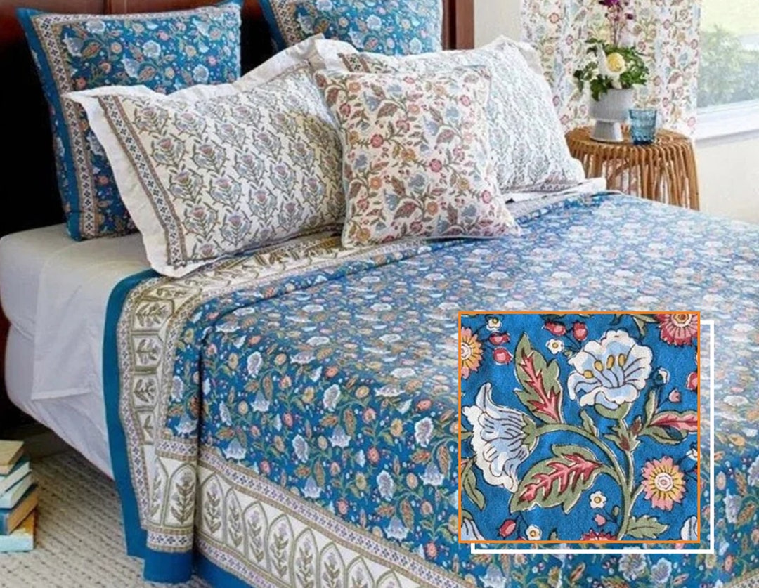 Enchanted Blue Indian Print Bedspread, Persian Blanket, Mediterranean ...