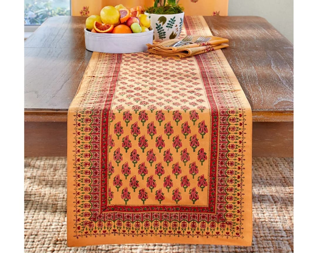 Orange Table Runner, Thanksgiving Centerpiece, Fall Hosting Decor, Block Print Table Top ...