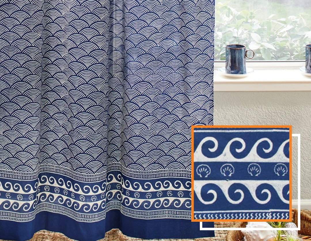 Greek Blue Design Curtains, Block Print Curtains, Beach Curtains, Ocean ...