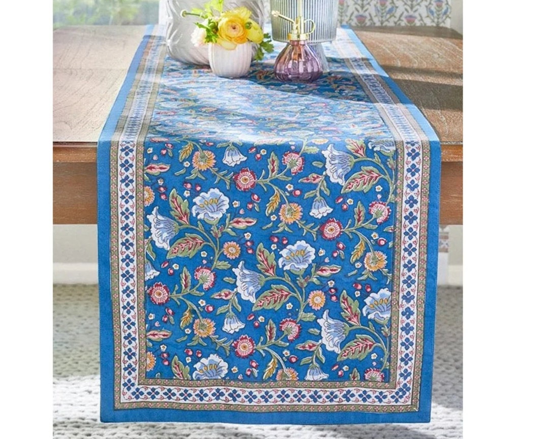 Floral Table Runner, Indian Print Table Runner, Blue Table Runner ...