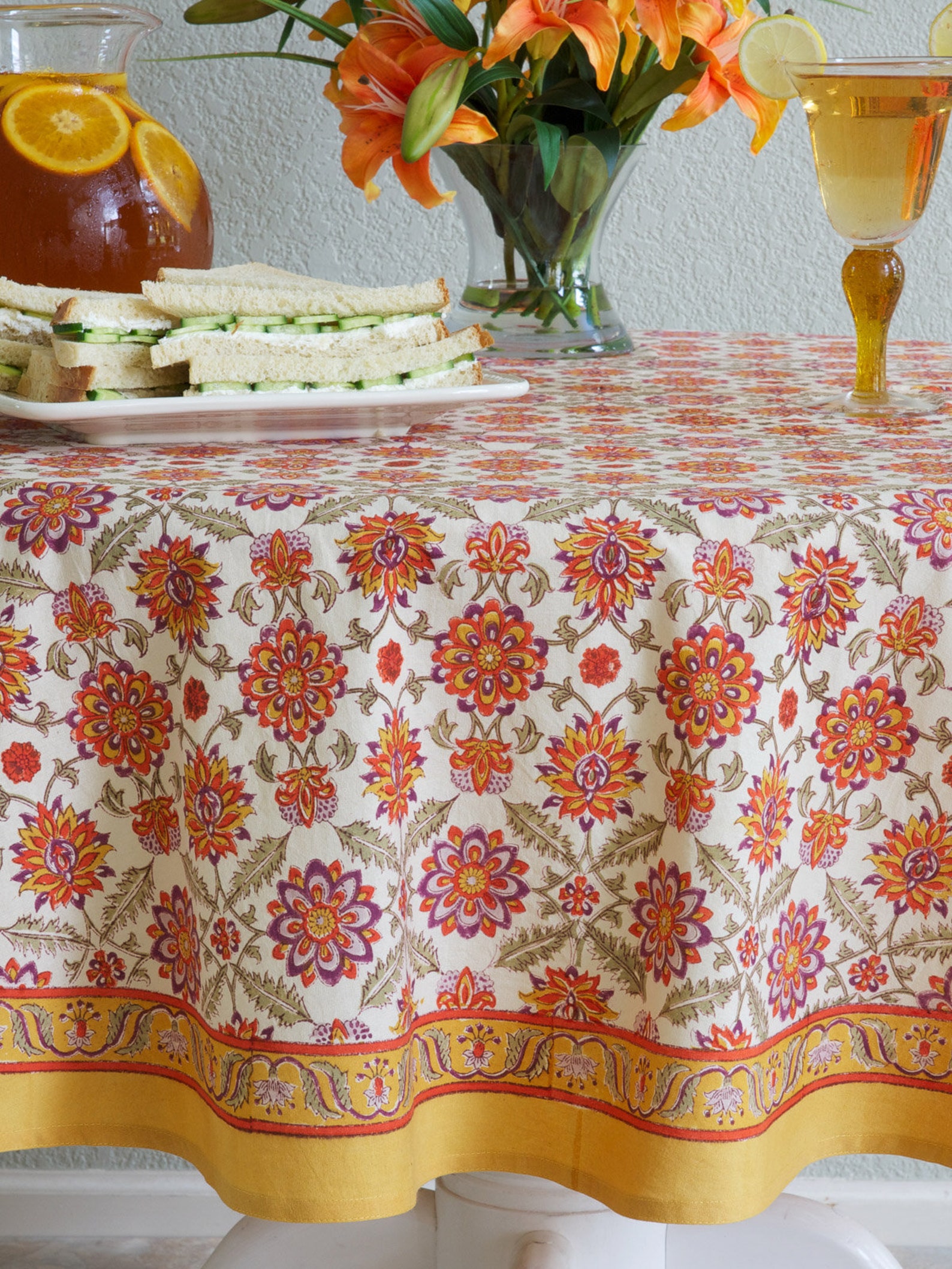 Orange Blossom Round Tablecloth Block Print Tablecloth | Etsy
