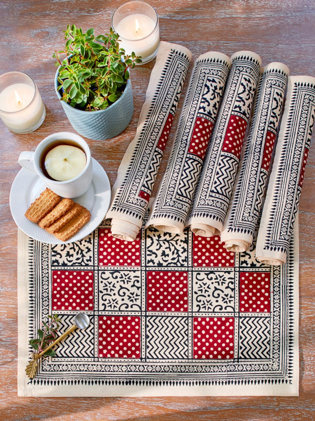 Set of 6 Placemats, Red Plaid Tablemats, Block Printed Placemats ...