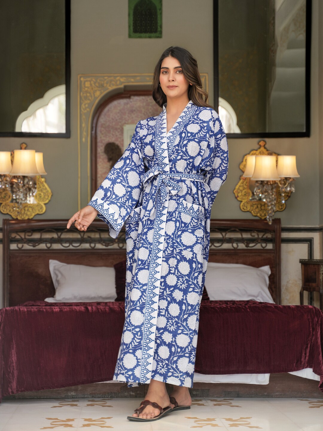 Moroccan Kimono Robe Floral Kaftan Robe for Women, Block Printed in ...