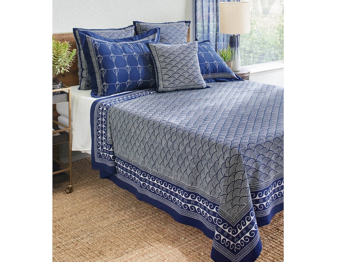 Indian Blockprint Bedspread, Ocean Print Bedspread, Navy Bedspread ...