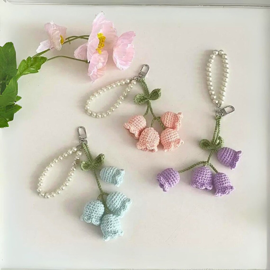 Lily of the Valley Crochet Keychain - Cute Flower Pearl Chain Bag ...
