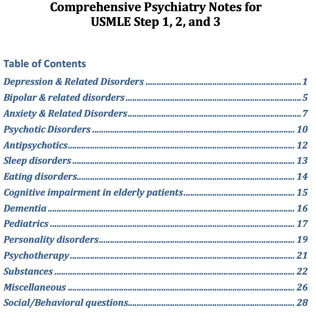 Comprehensive Psychiatry Notes for Step 1, Step 2, and Step 3; Ultimate ...