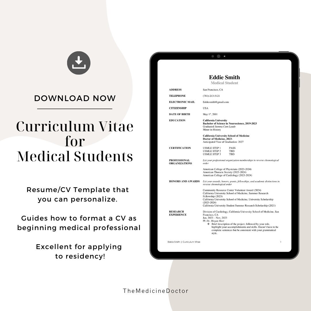 Resume, Curriculum Vitae Template for Medical Students, CV for Applying ...