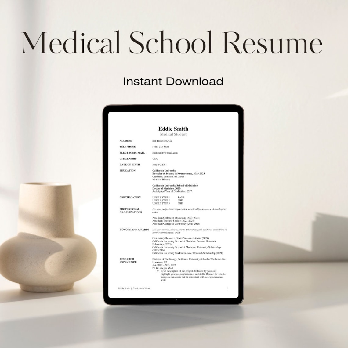 Resume, Curriculum Vitae Template for Medical Students, CV for Applying ...