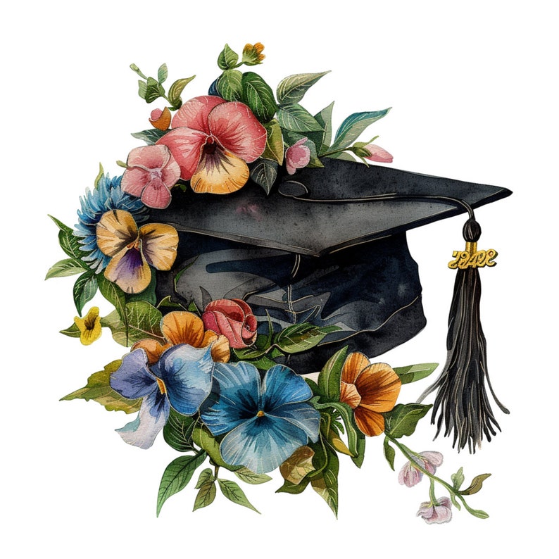 Watercolor Graduation Cap Clipart, Graduation Cap, 10 PNG Grad Floral ...