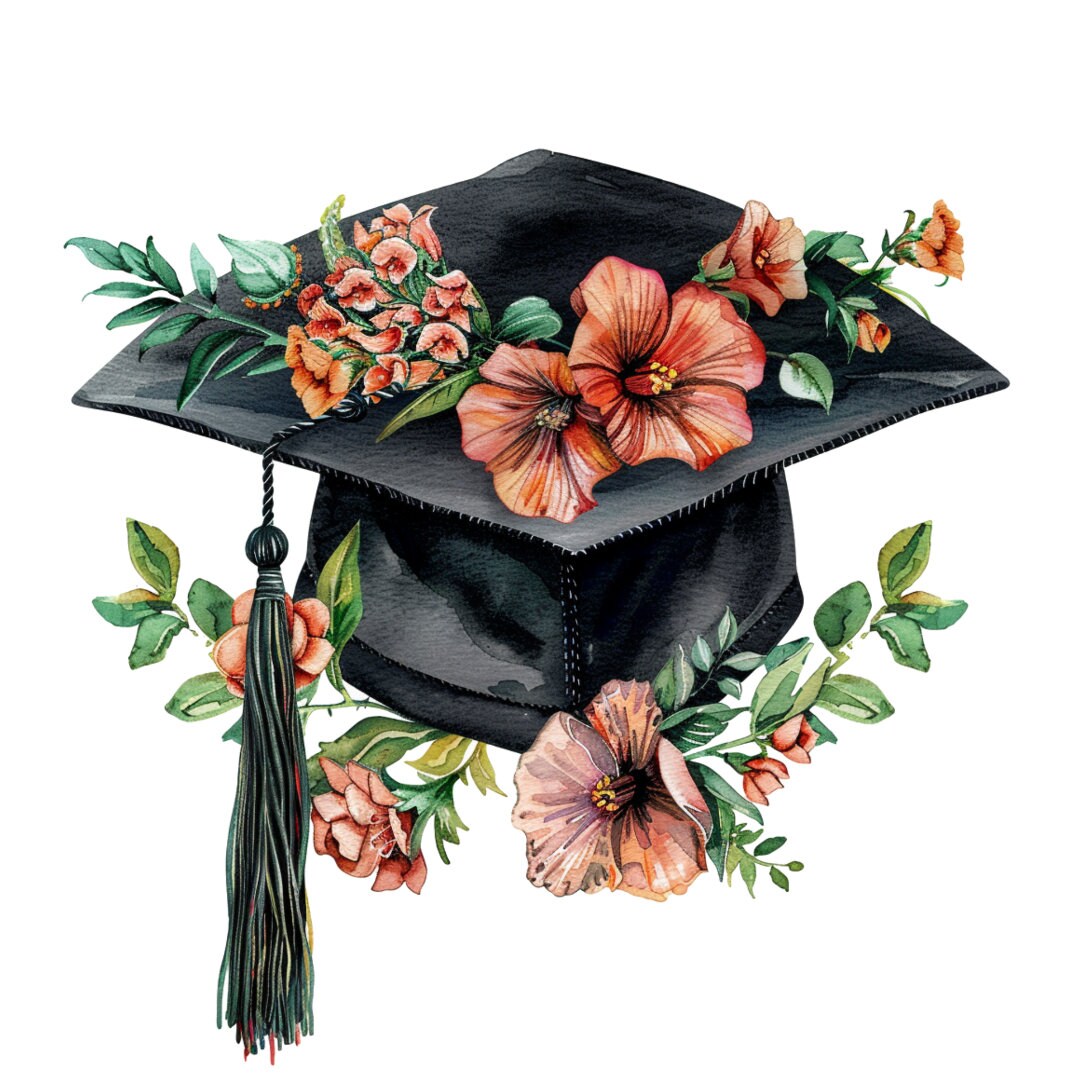 Watercolor Graduation Cap Clipart, Graduation Cap, 10 PNG Grad Floral ...