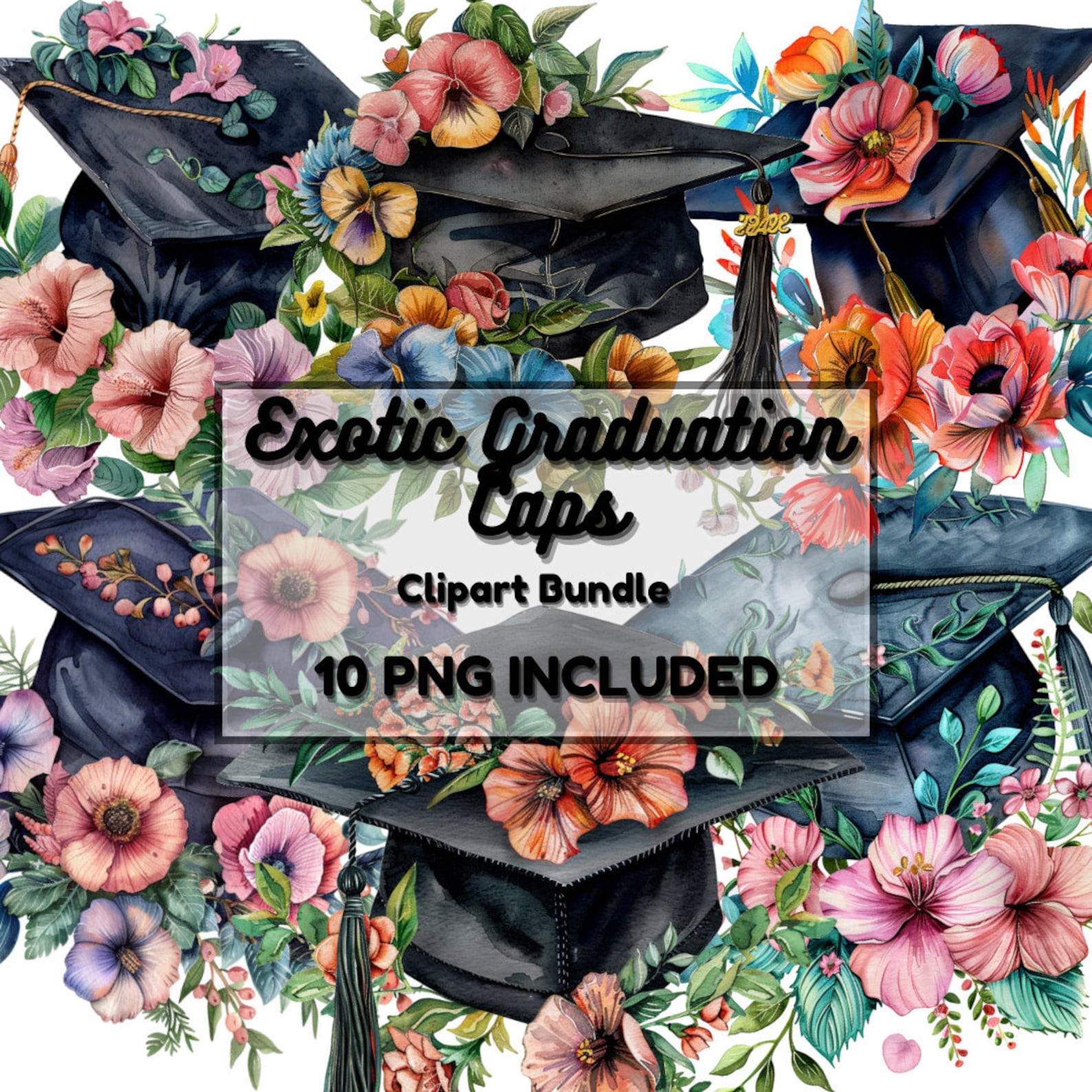 Watercolor Graduation Cap Clipart, Graduation Cap, 10 PNG Grad Floral ...