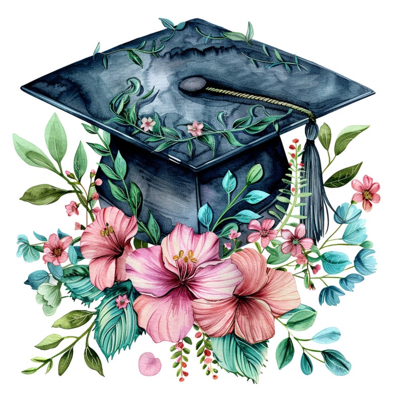 Watercolor Graduation Cap Clipart, Graduation Cap, 10 PNG Grad Floral ...