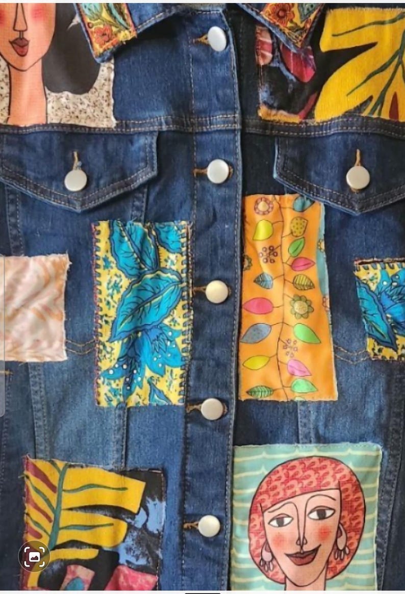 Patchwork Denim Jacket-colorful Faces - Etsy