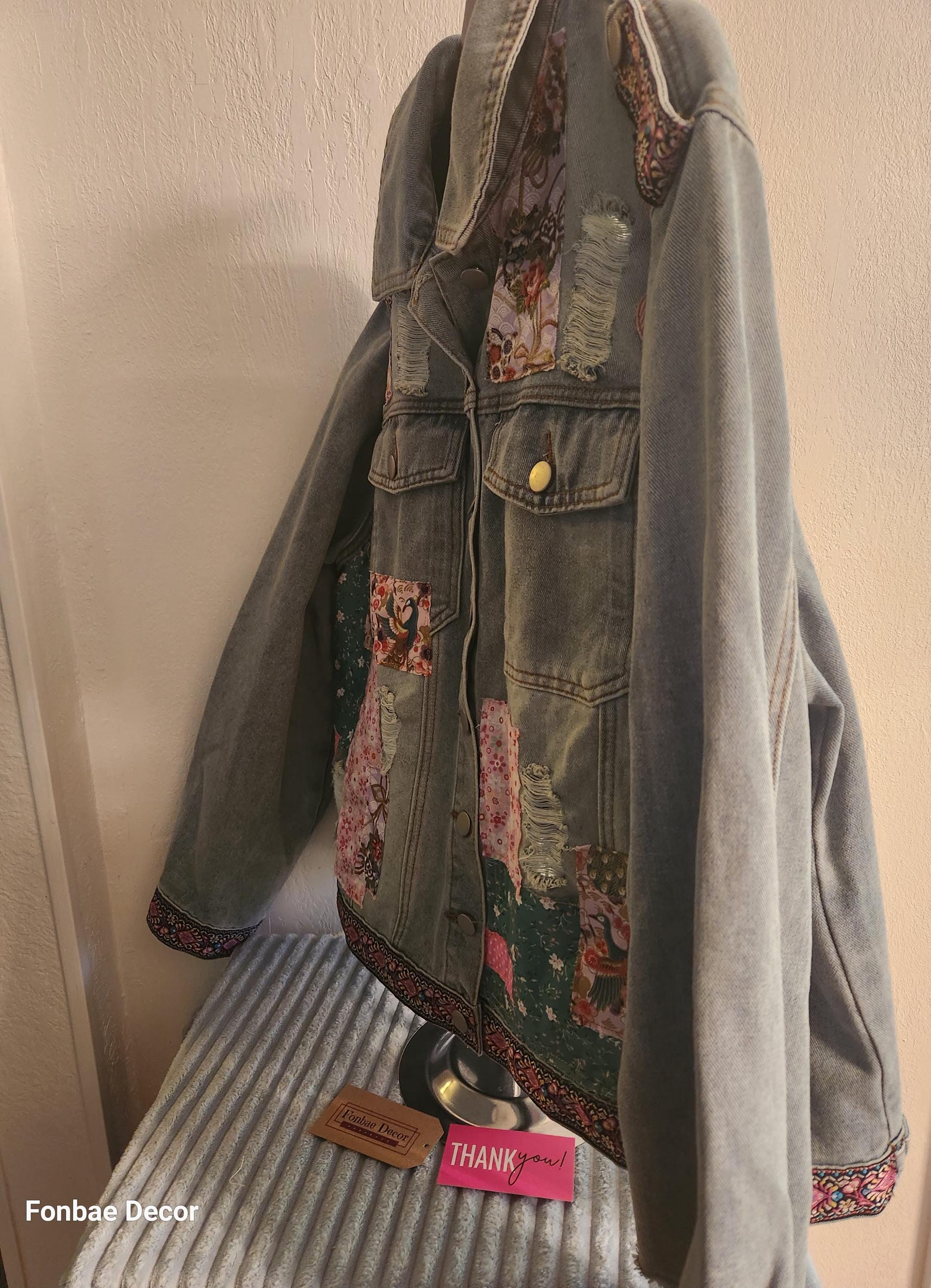 Custom Patchwork Denim Jacket-pink Floral Theme - Etsy