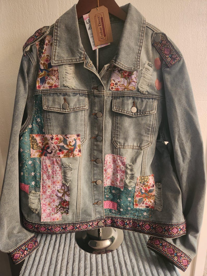 Custom Patchwork Denim Jacket-pink Floral Theme - Etsy