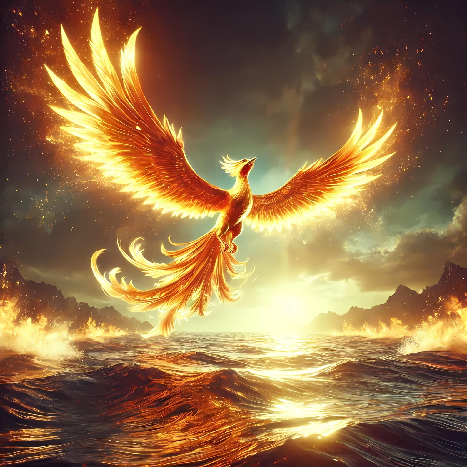 Golden Shimmering Phoenix Over Burning Sea – High-resolution Digital ...