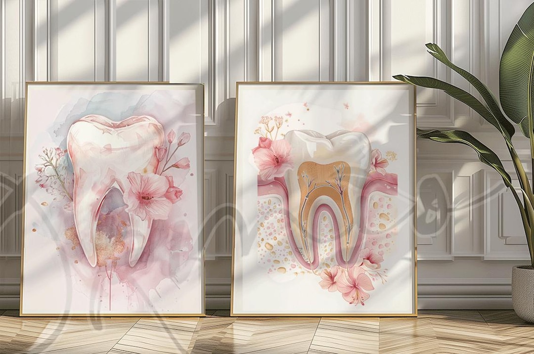 Set of 2 Pink Watercolor Teeth Prints | Dental Wall Art for Dentists ...