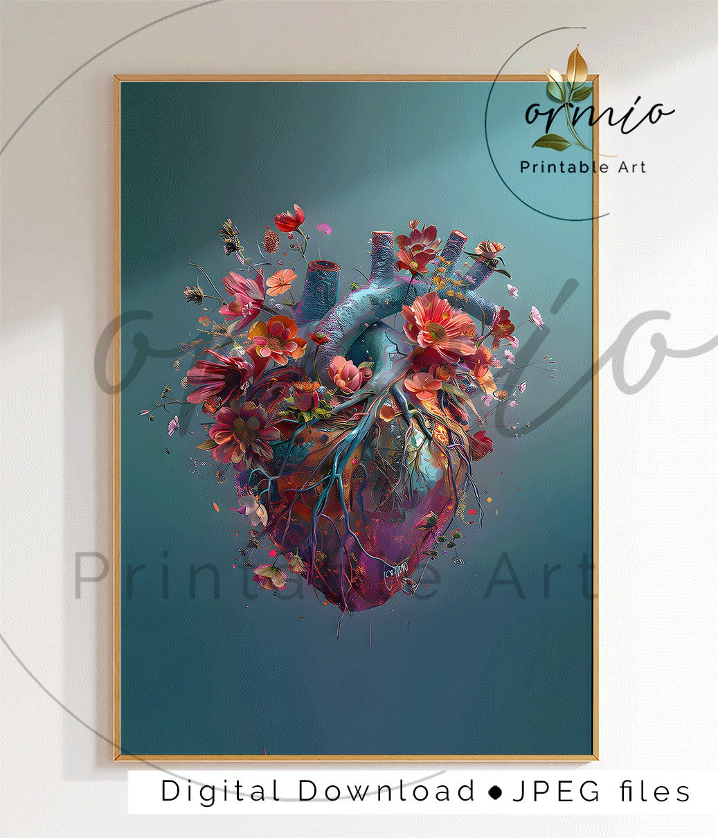 Heart Anatomy Art Print, Floral Heart Poster, Heart Artwork ...
