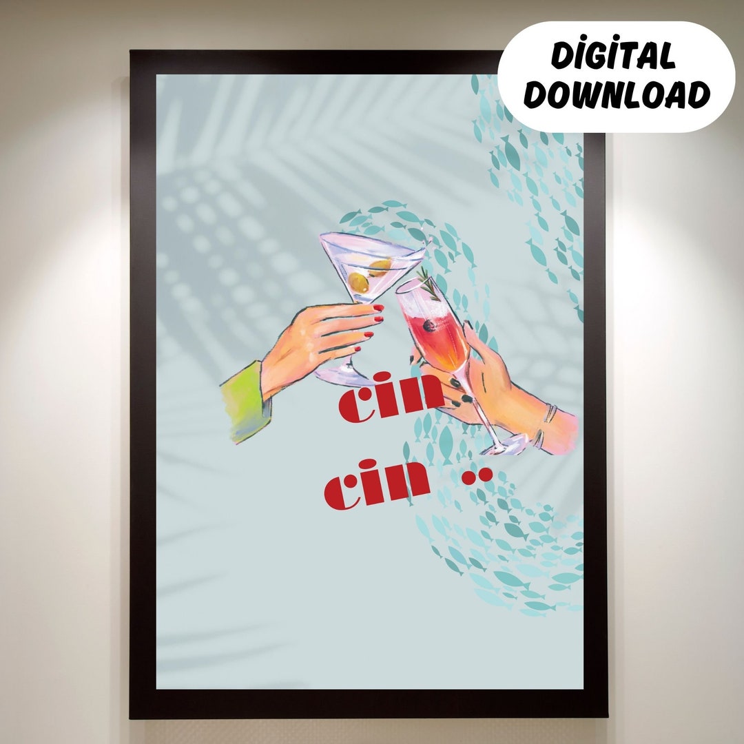 Cin Cin Print, Retro Wine Print, Modern Wine Print, Funny Kitchen Decor ...