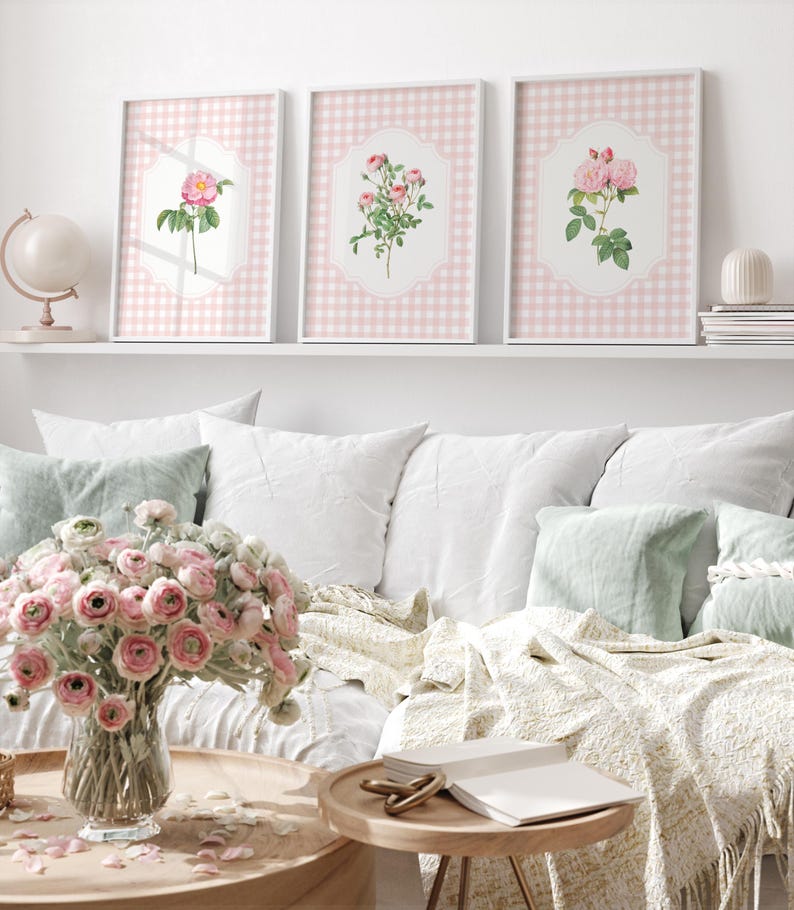 Pink Floral Nursery Prints Set: Gingham Baby Girl Room Decor - Etsy