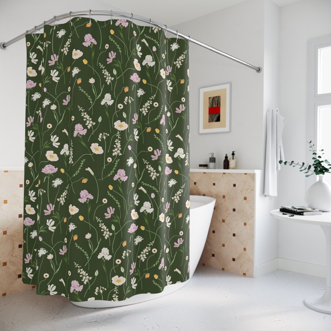 Dark Green Botanical Shower Curtain Wildflower Bathroom Curtain Floral ...