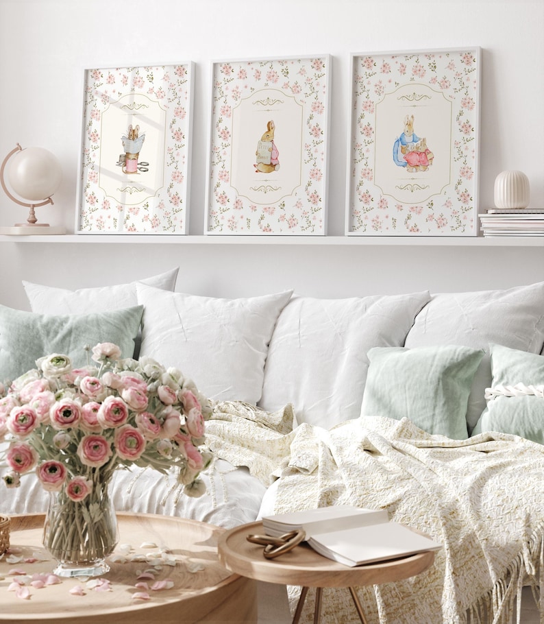 Floral Peter Rabbit Nursery Prints, Vintage Girl Decor (digital ...