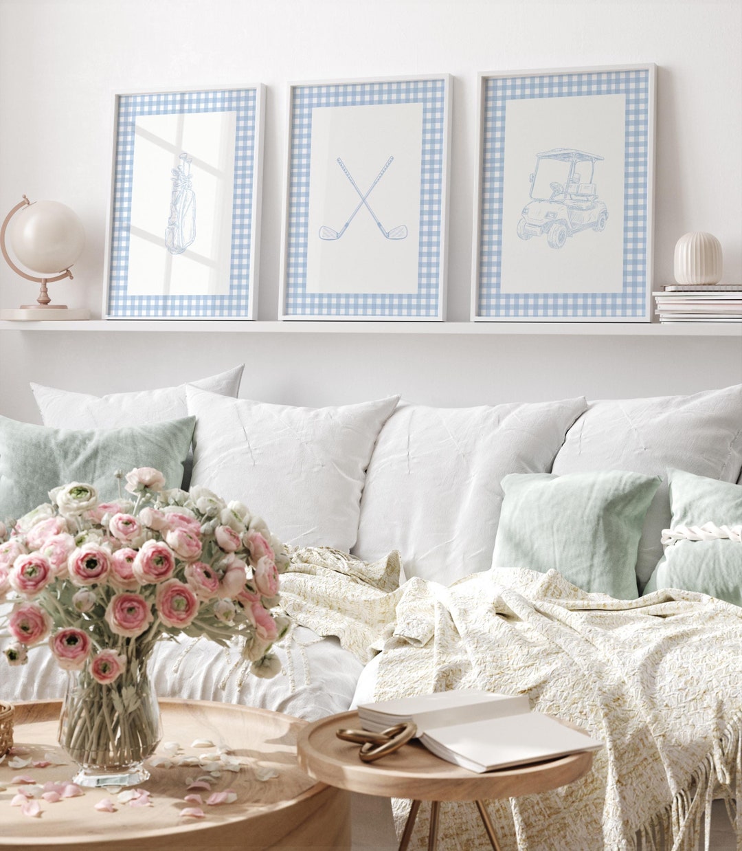 Light Baby Blue Gingham Boy Room Decor Above Crib Art Prints for Golf ...