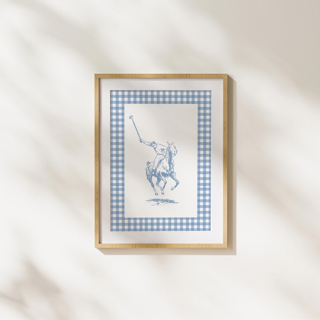 Polo Player Print: Baby Blue Gingham Border, Equestrian Decor (digital ...