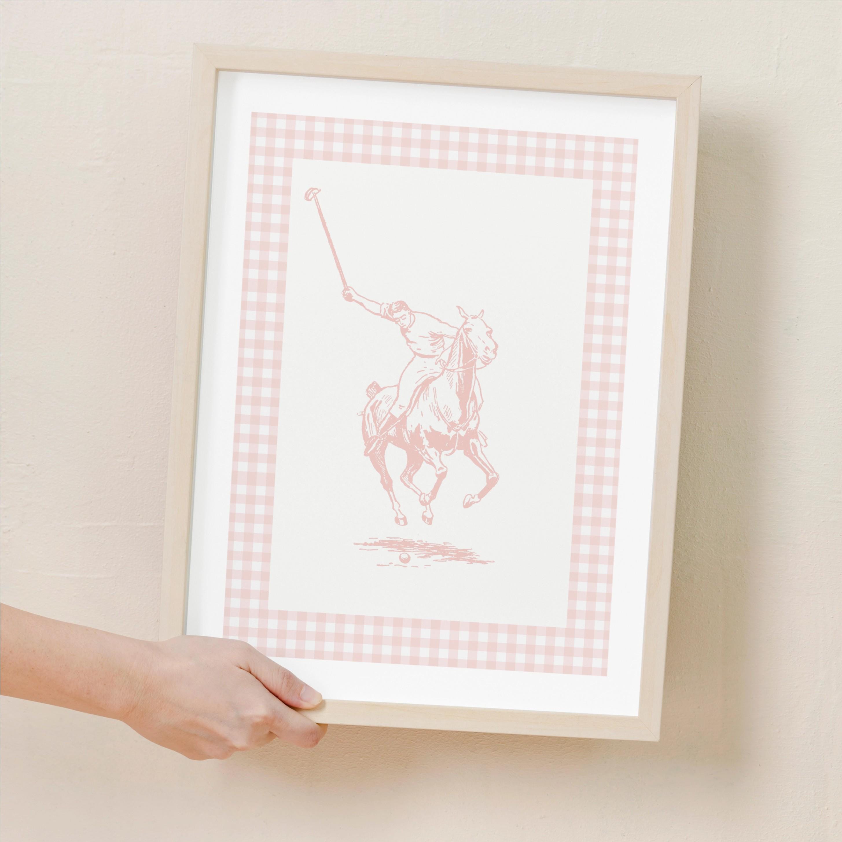 Blush Pink Polo Player Print: Equestrian Gingham Wall Art (digital ...