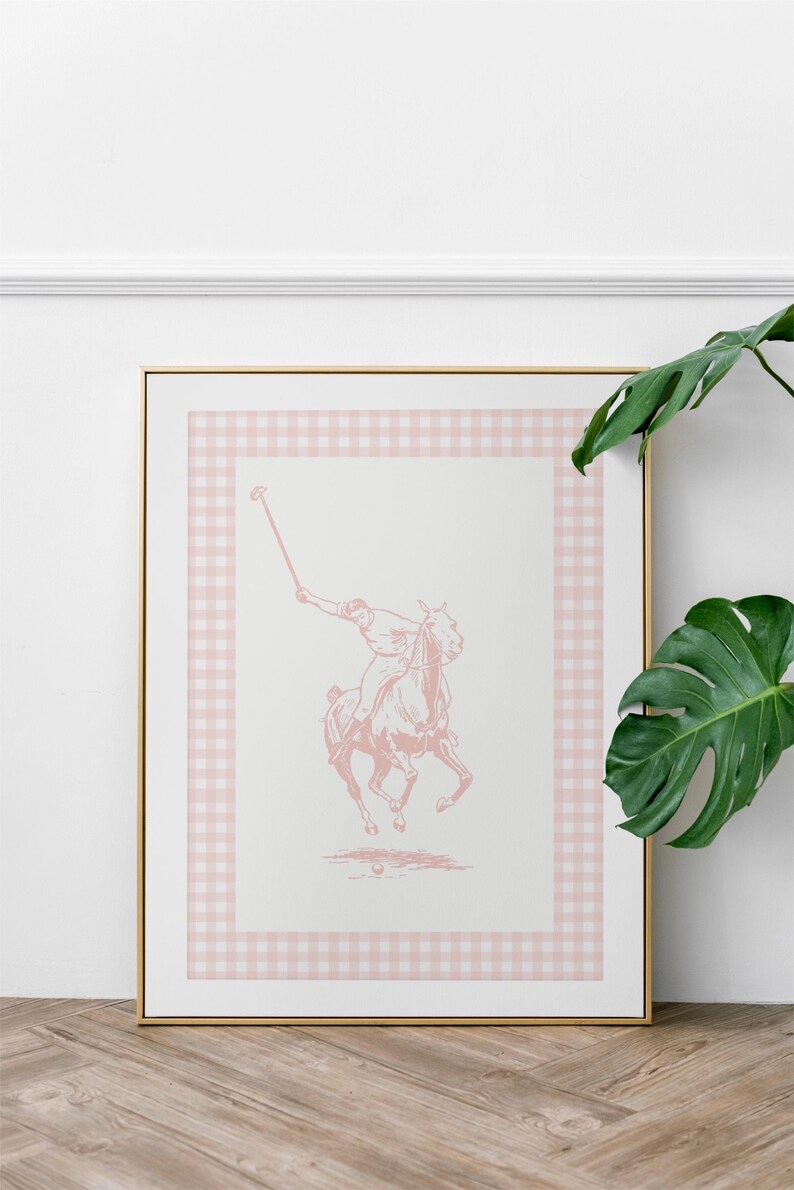 Blush Pink Polo Player Print: Equestrian Gingham Wall Art (digital ...