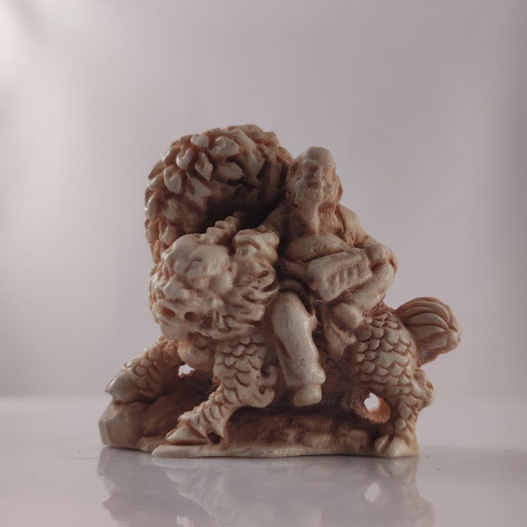 Buddha Riding Foo Dog Netsuke, Hand Carved Shed Moose Antler, Japanese ...