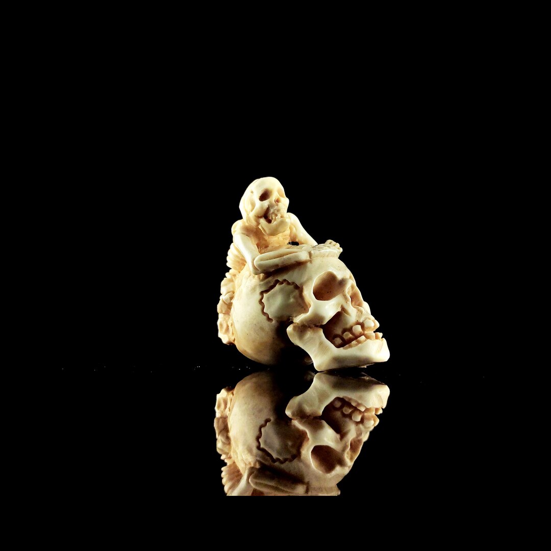 Skeleton on Skull Netsuke, Carved Shed Moose Antler, Memento Mori ...