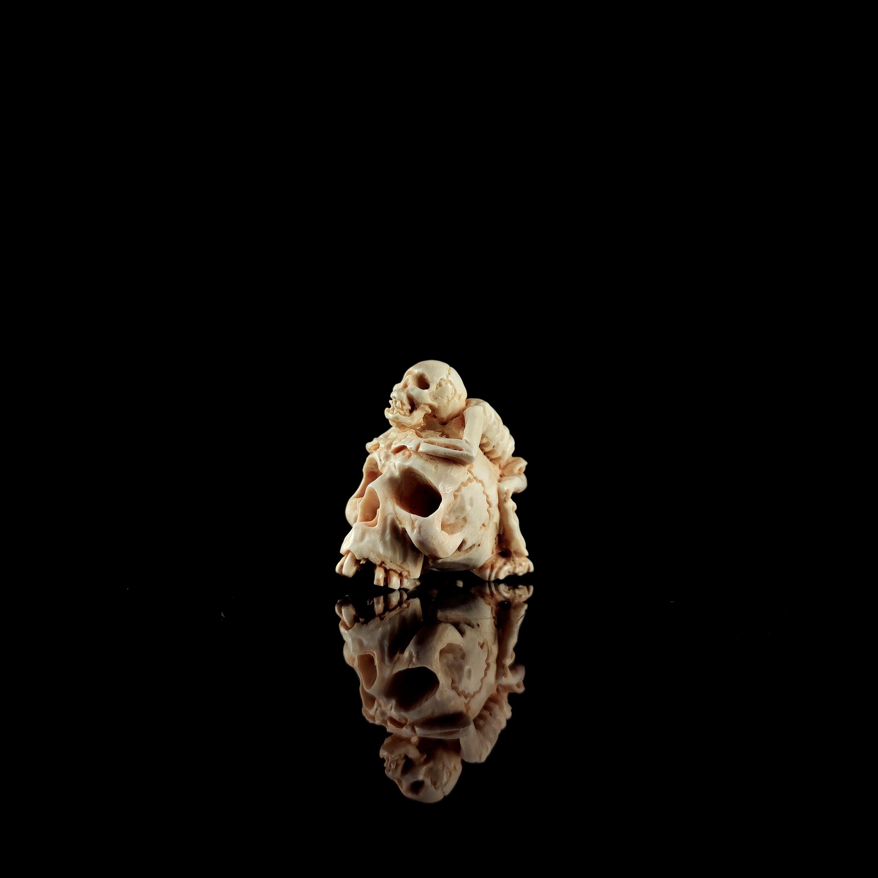 Skeleton on Skull Netsuke, Carved Shed Moose Antler, Japanese Art ...