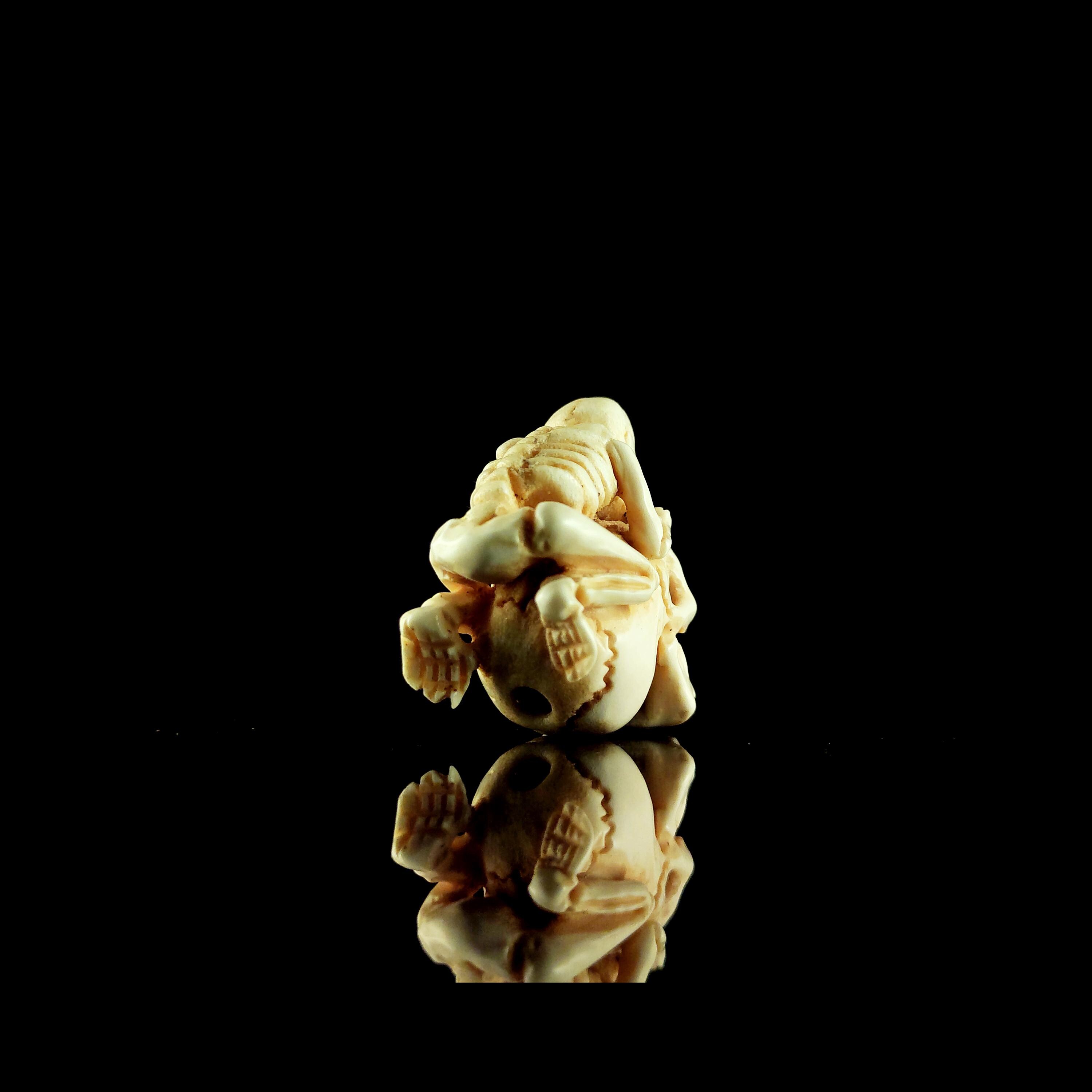 Skeleton on Skull Netsuke, Carved Shed Moose Antler, Memento Mori ...