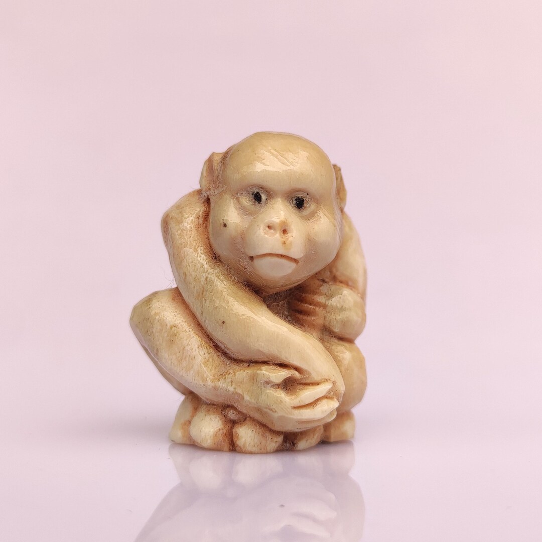 Japanese Monkey Netsuke, Hand Carved Moose Antler, Signed by Artist ...