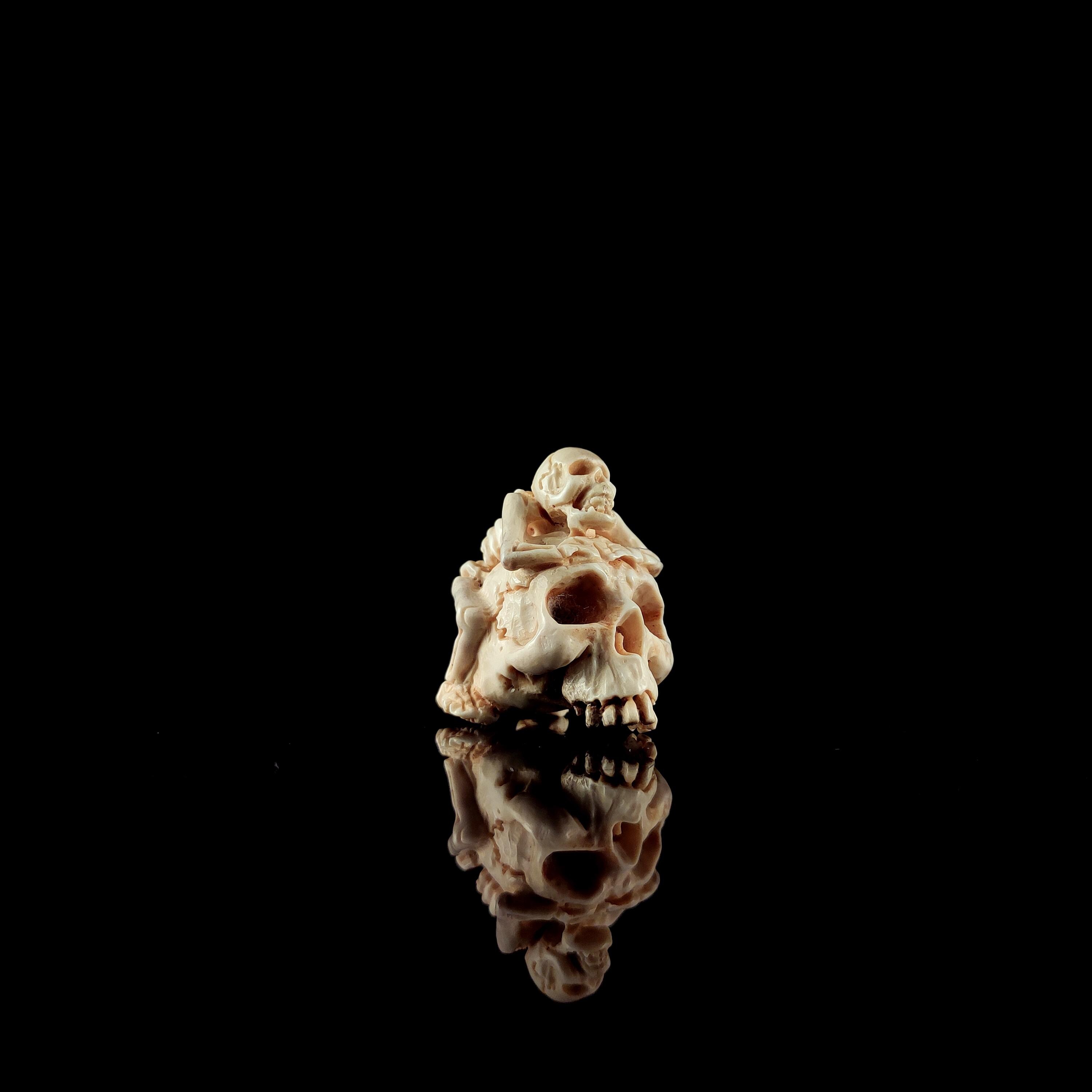 Skeleton on Skull Netsuke, Carved Shed Moose Antler, Japanese Art ...