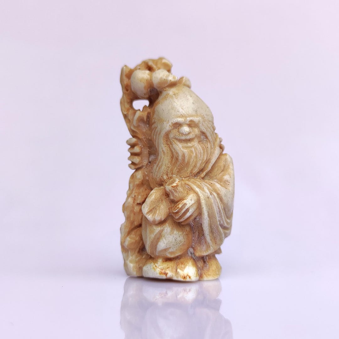 Shousin Holding Peach Netsuke, Hand Carved Shed Moose Antler, Japanese ...