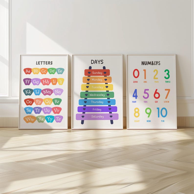 Set of 3 Educational Learning Wall Art, the Alphabet, Days of the Week ...